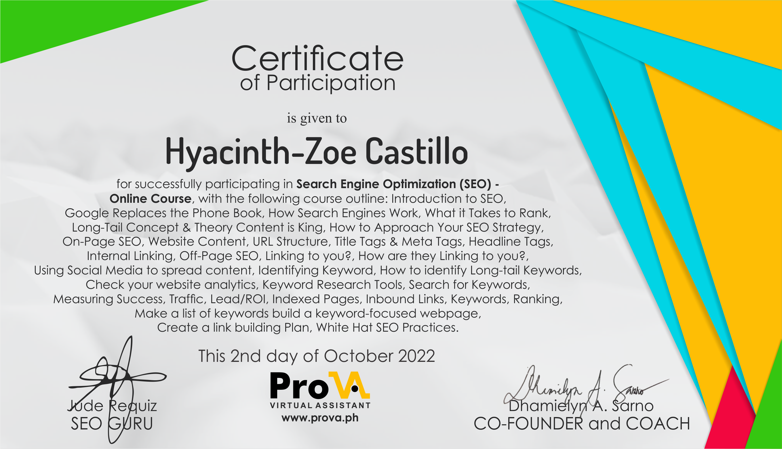 Hyacinth Zoe Melanio Castillo SEO Specialist Myprofile